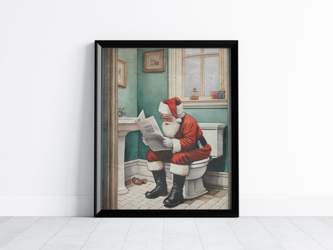 Santa on Toilet Art Print, Printable Holiday Bathroom Decor, Funny ...