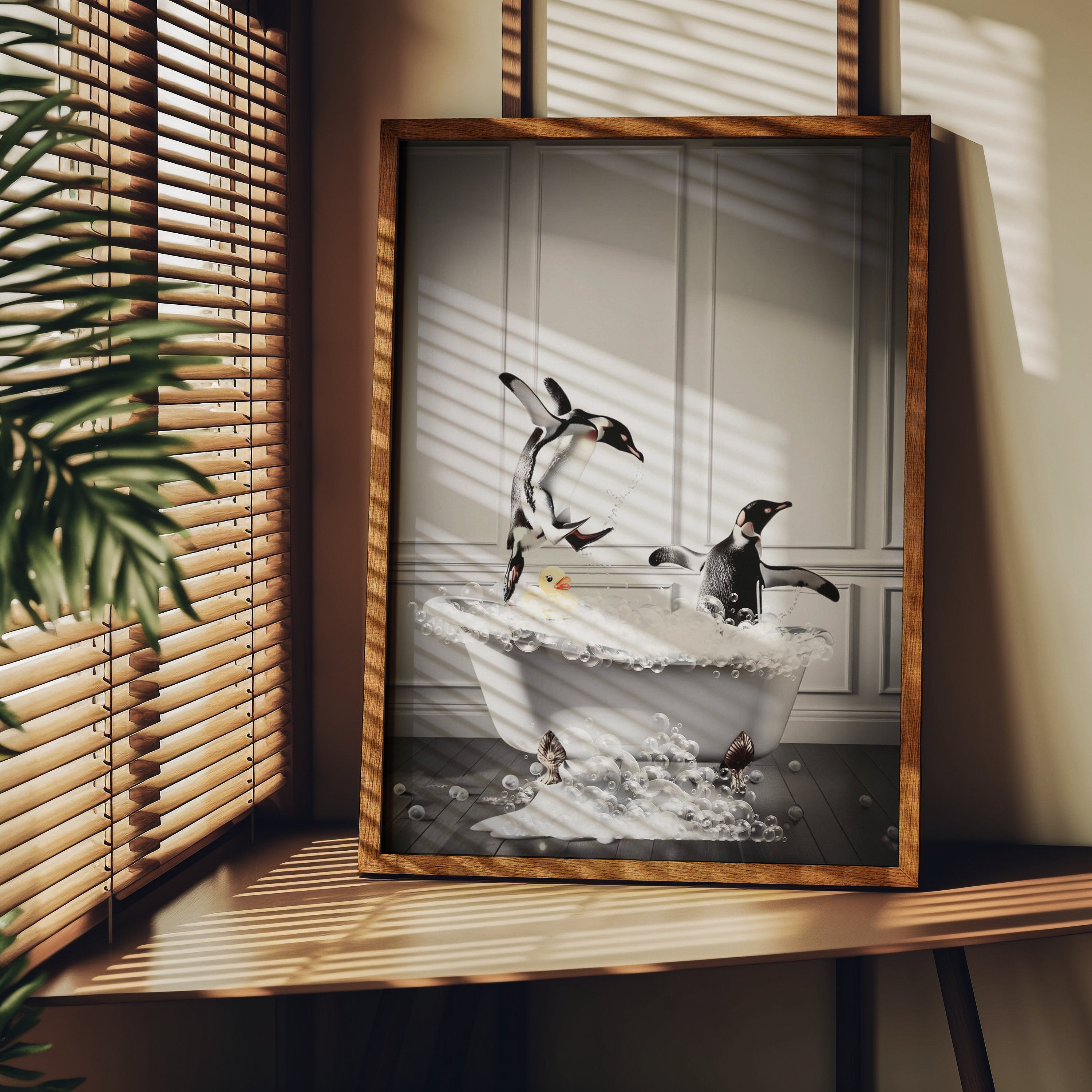 Printable Animal in Tub Wall Art Black and White Penguin Bathroom ...