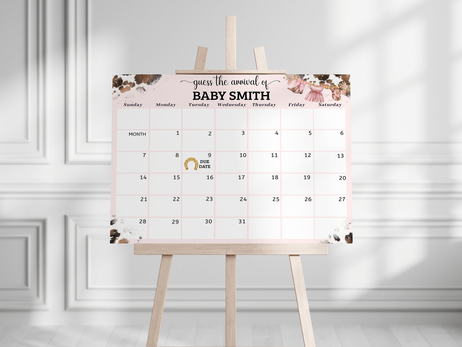 Guess the Due Date Printable Calendar COWGIRL Theme Baby Shower Games ...
