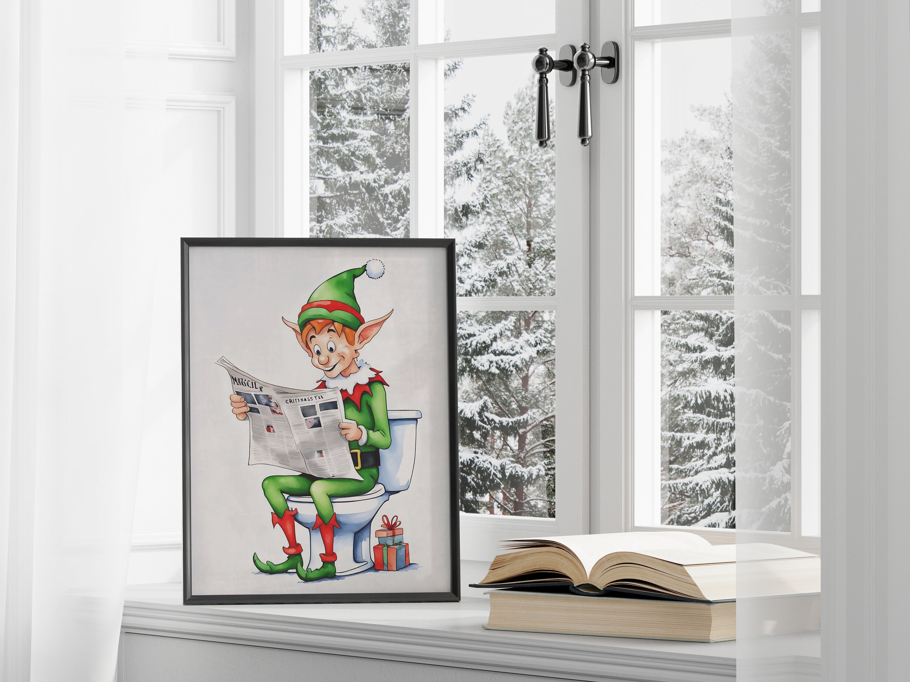 Printable Holiday Bathroom Art Prints | Santa on Toilet | Elf on Toilet ...