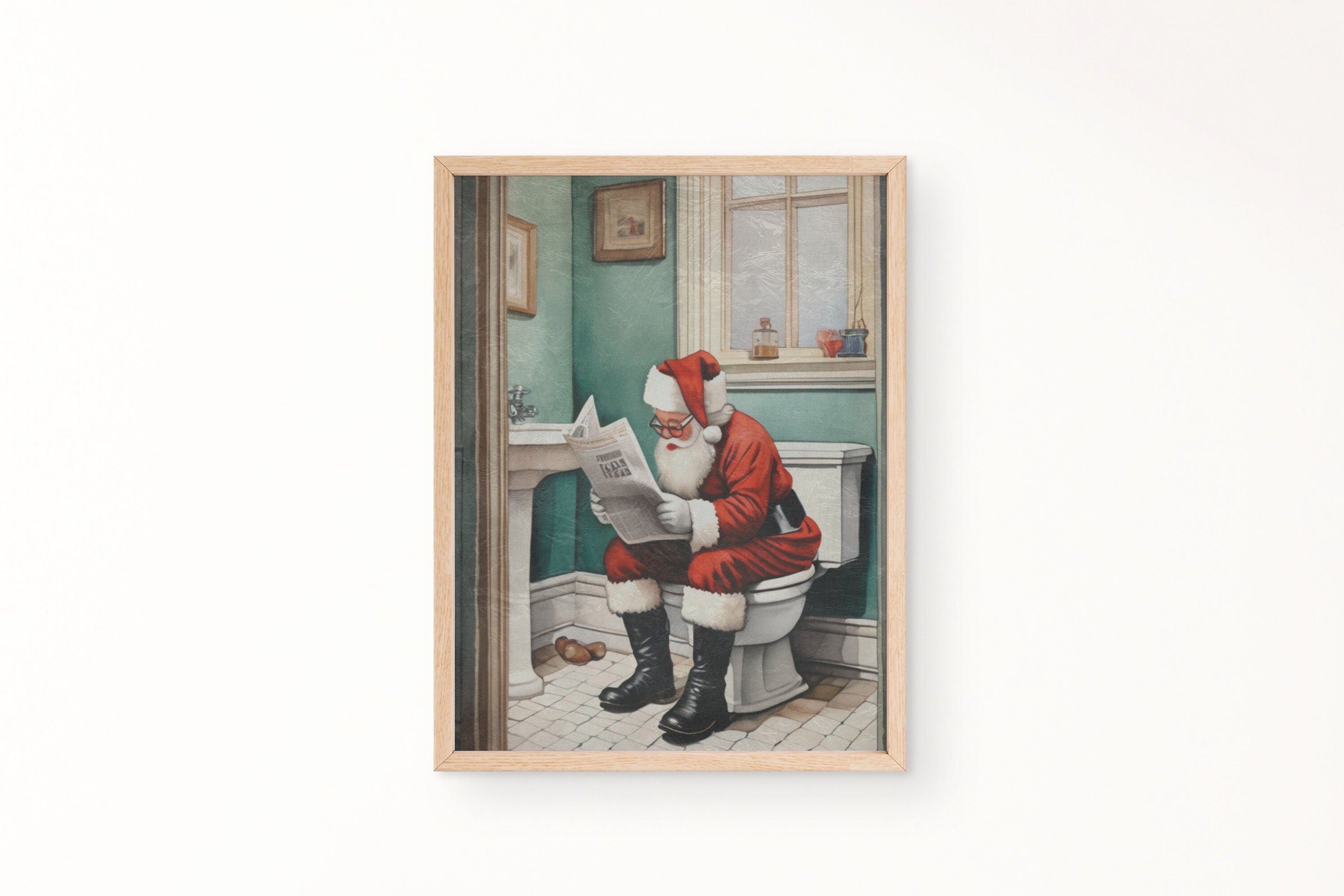 Santa on Toilet Art Print, Printable Holiday Bathroom Decor, Funny ...