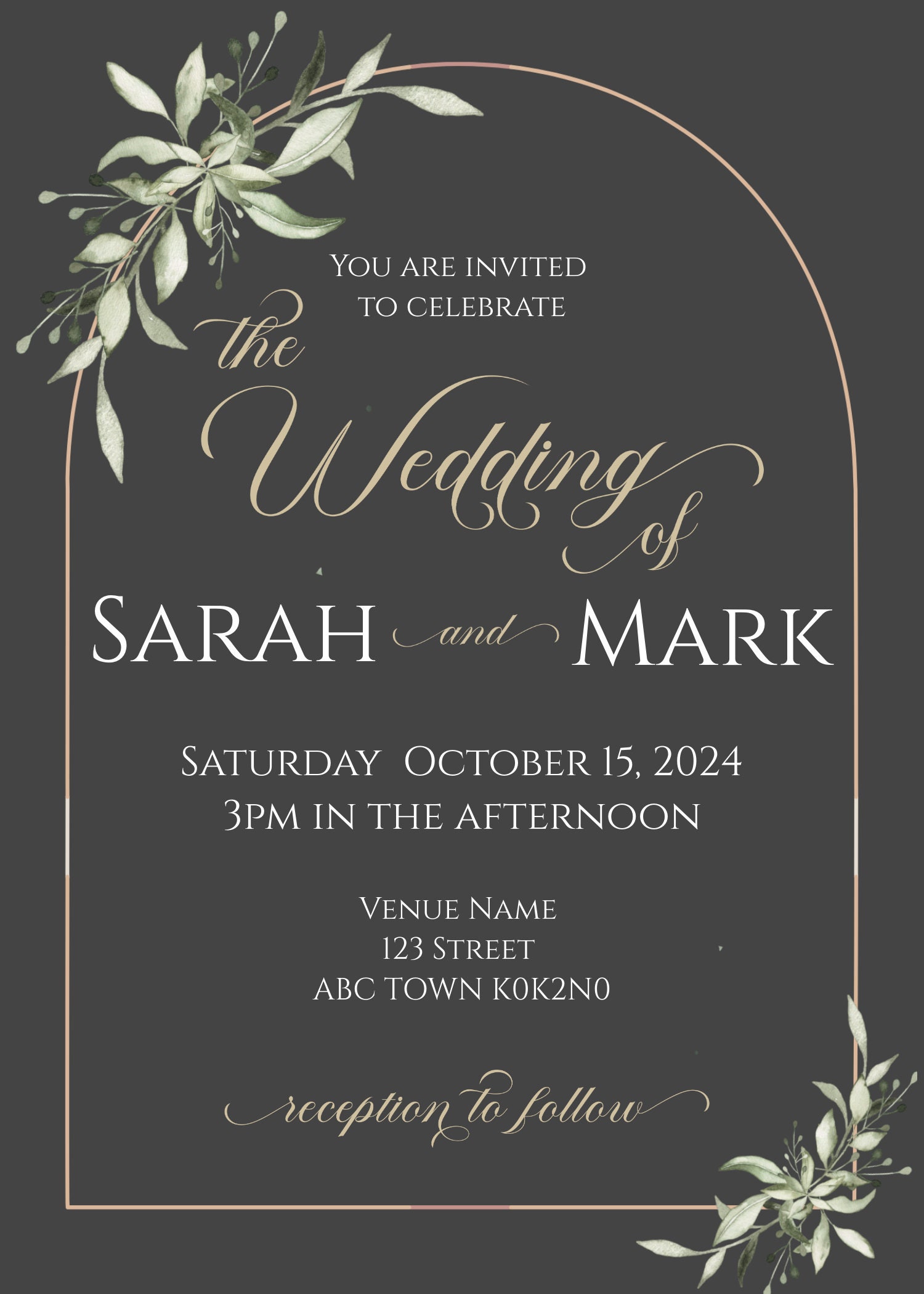 Modern Luxury Black Wedding Invitation Template | Editable Eucalyptus ...