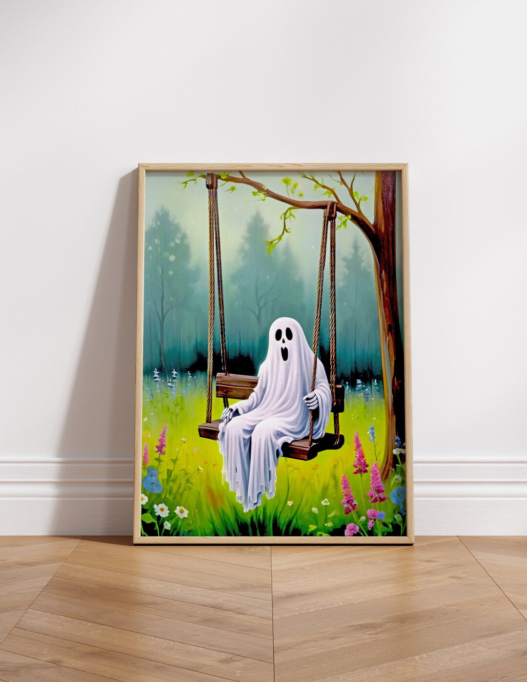 Ghost on a Swing Printable Art | Spring Ghost Wildflower Meadow | Ghost ...