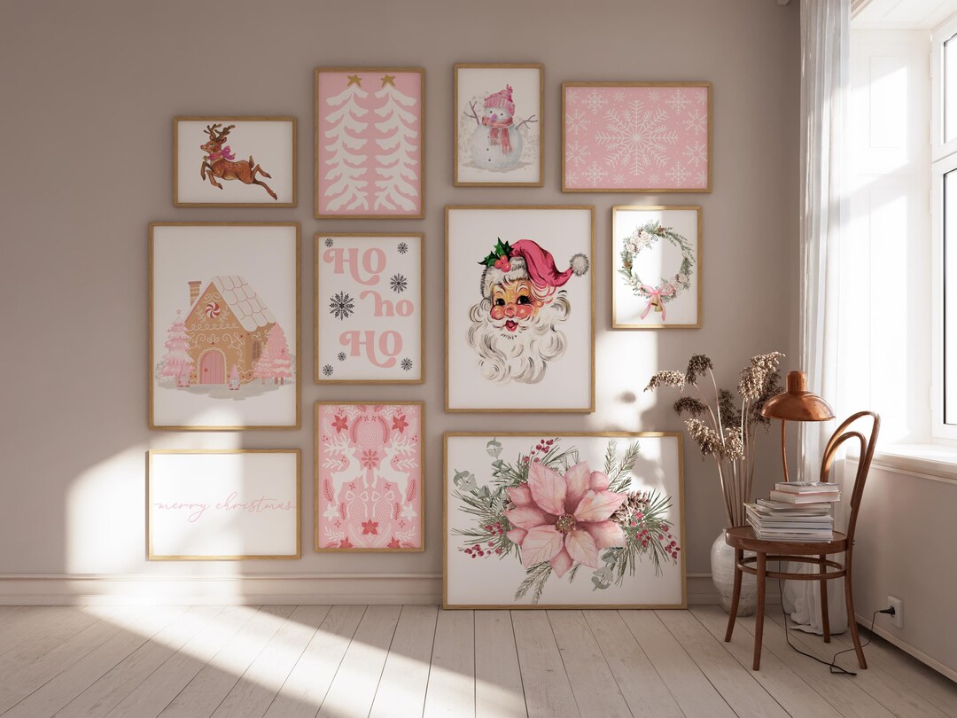 Set of 11 Pink Christmas Gallery Holiday Prints | Holiday Decor | Pink ...