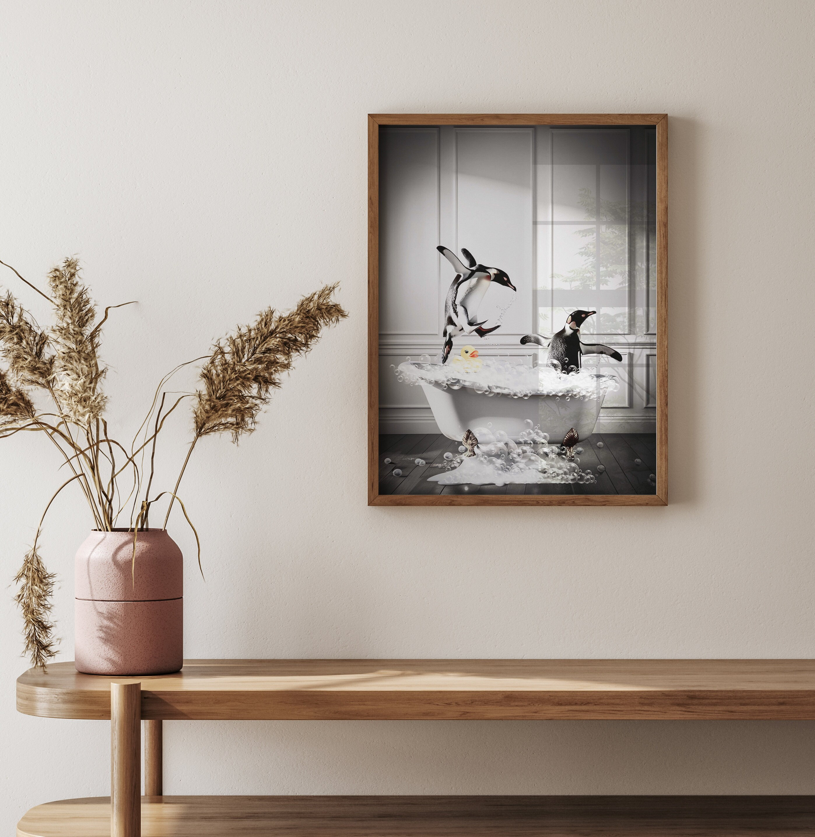 Printable Animal in Tub Wall Art Black and White Penguin Bathroom ...