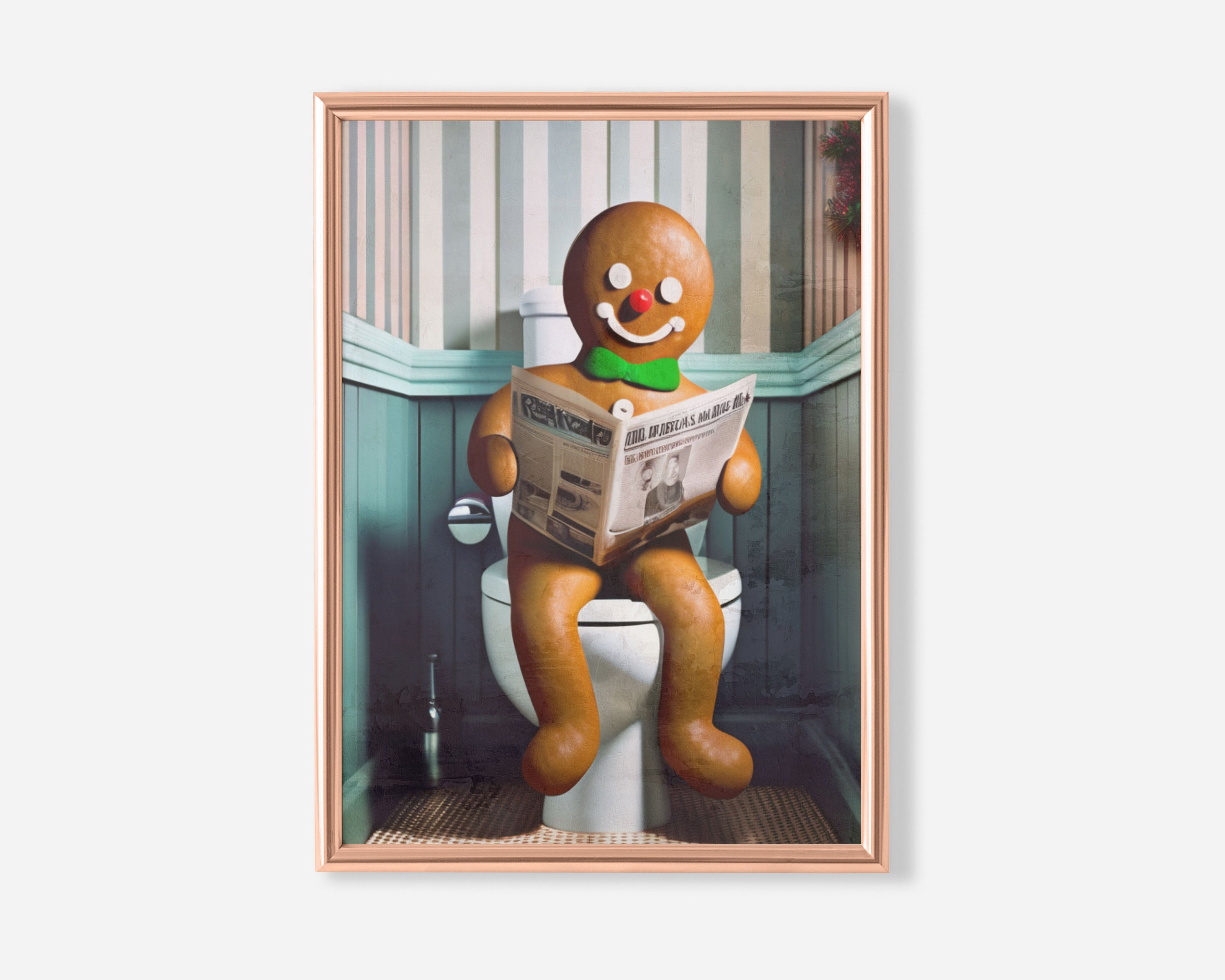 Gingerbread Man on Toilet, Printable Christmas Bathroom Art, Holiday ...