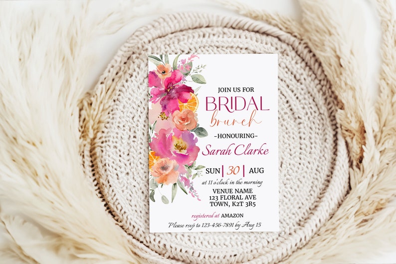 Citrus Bridal Brunch Invitation Template | Bright Pink and Orange ...