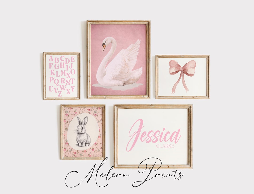 Vintage Pink Nursery Prints - Set of 5 Wall Art Printable | Baby Girl ...