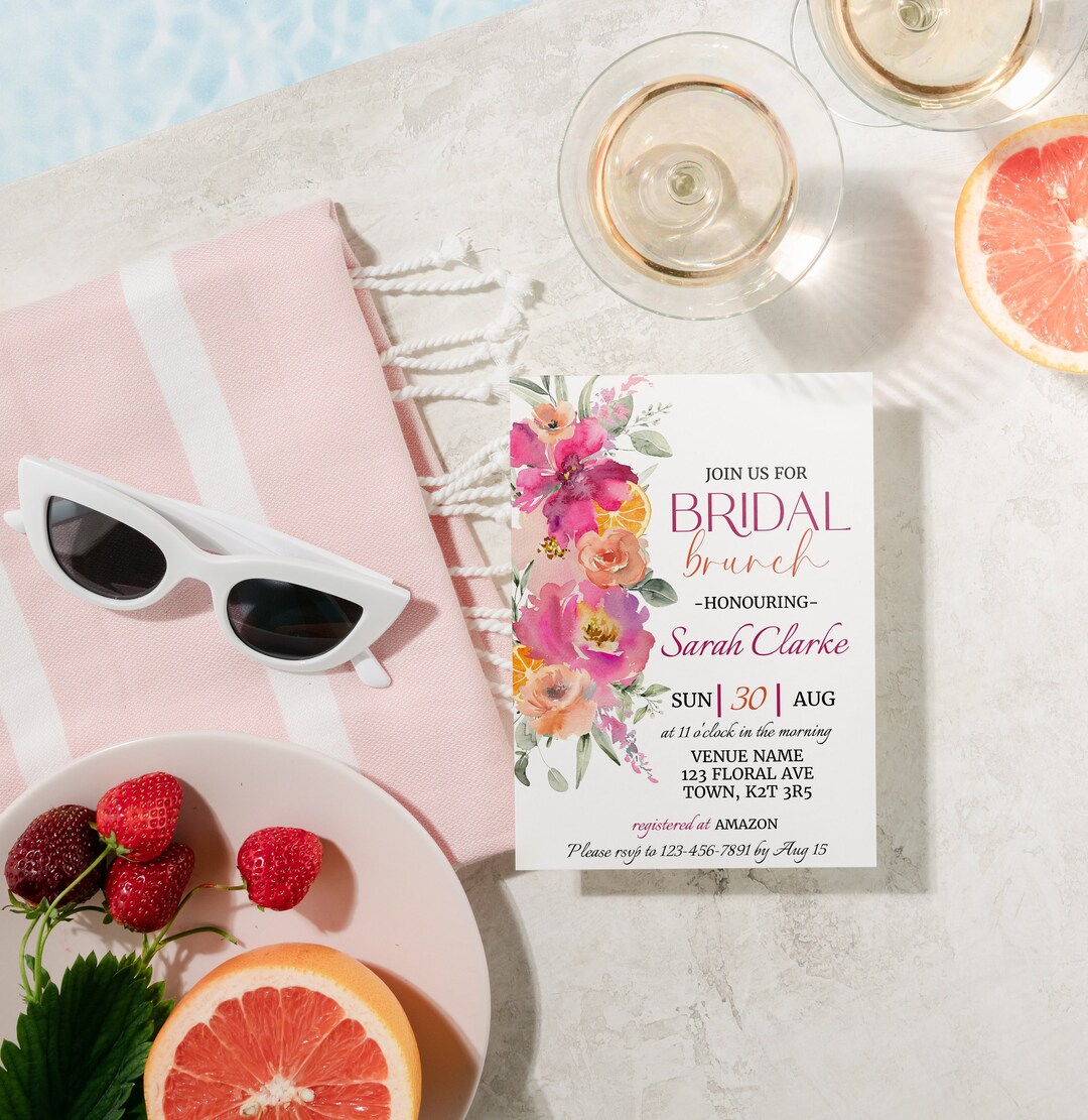 Citrus Bridal Brunch Invitation Template | Bright Pink and Orange ...