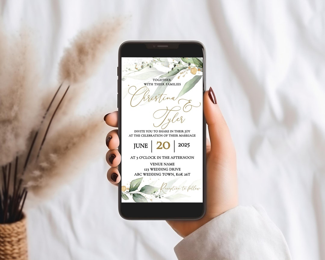 Sage Wedding Digital Invitation - Eucalyptus Wedding Text Sms Invite ...