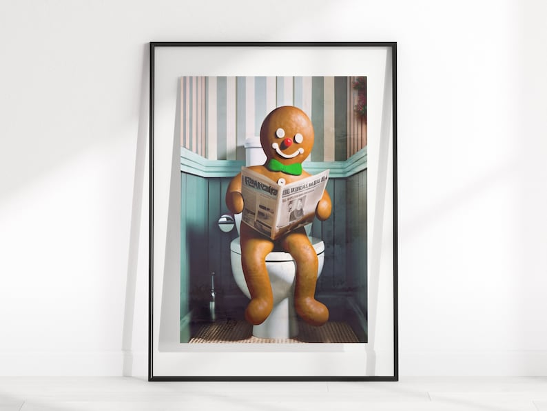 Gingerbread Man on Toilet, Printable Christmas Bathroom Art, Holiday ...