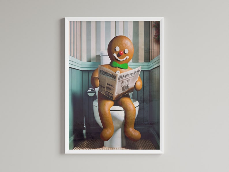 Gingerbread Man on Toilet, Printable Christmas Bathroom Art, Holiday ...