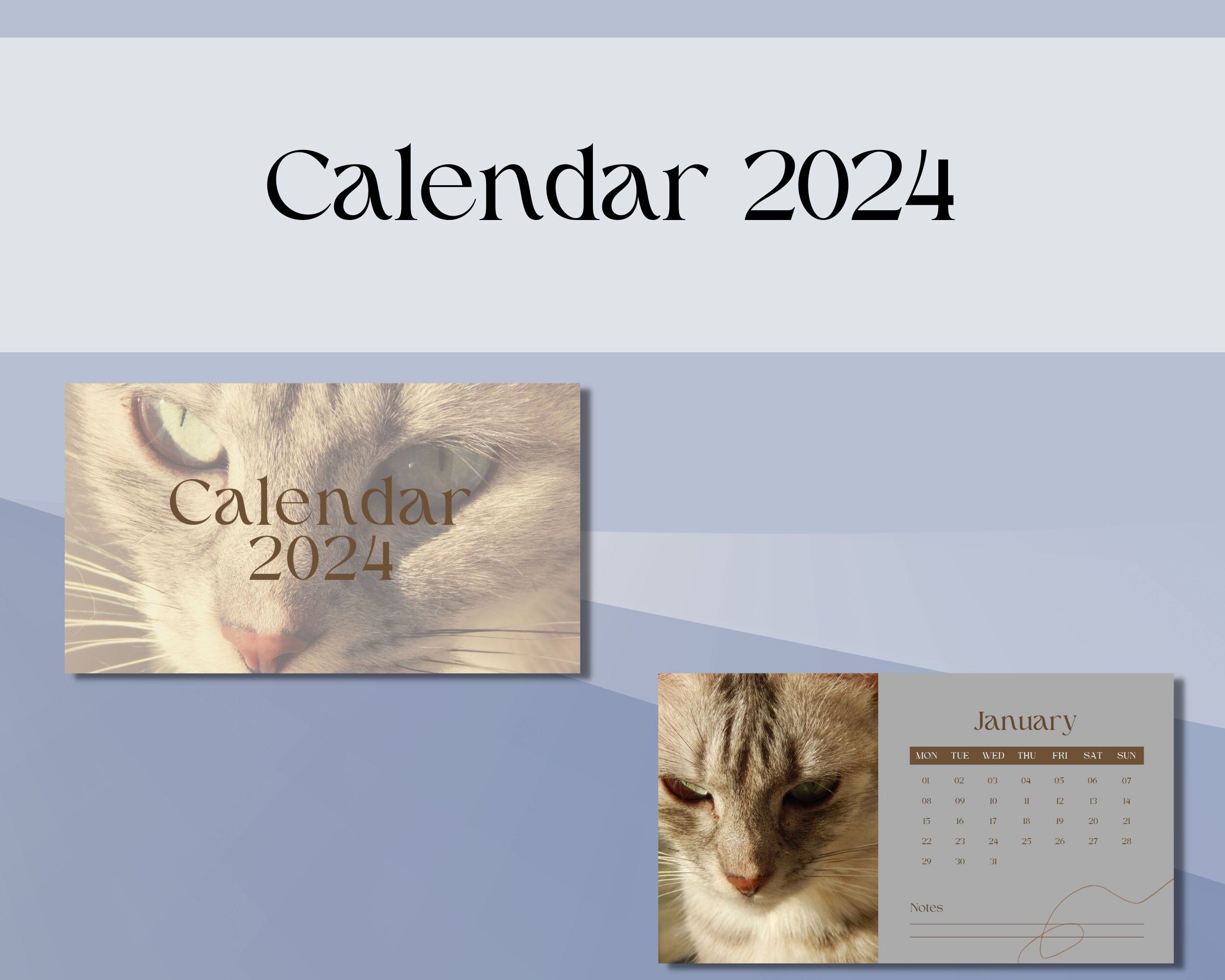 Calendar 2024, Printable Cat Themed Calendar, Beautiful Calendar 2024 ...