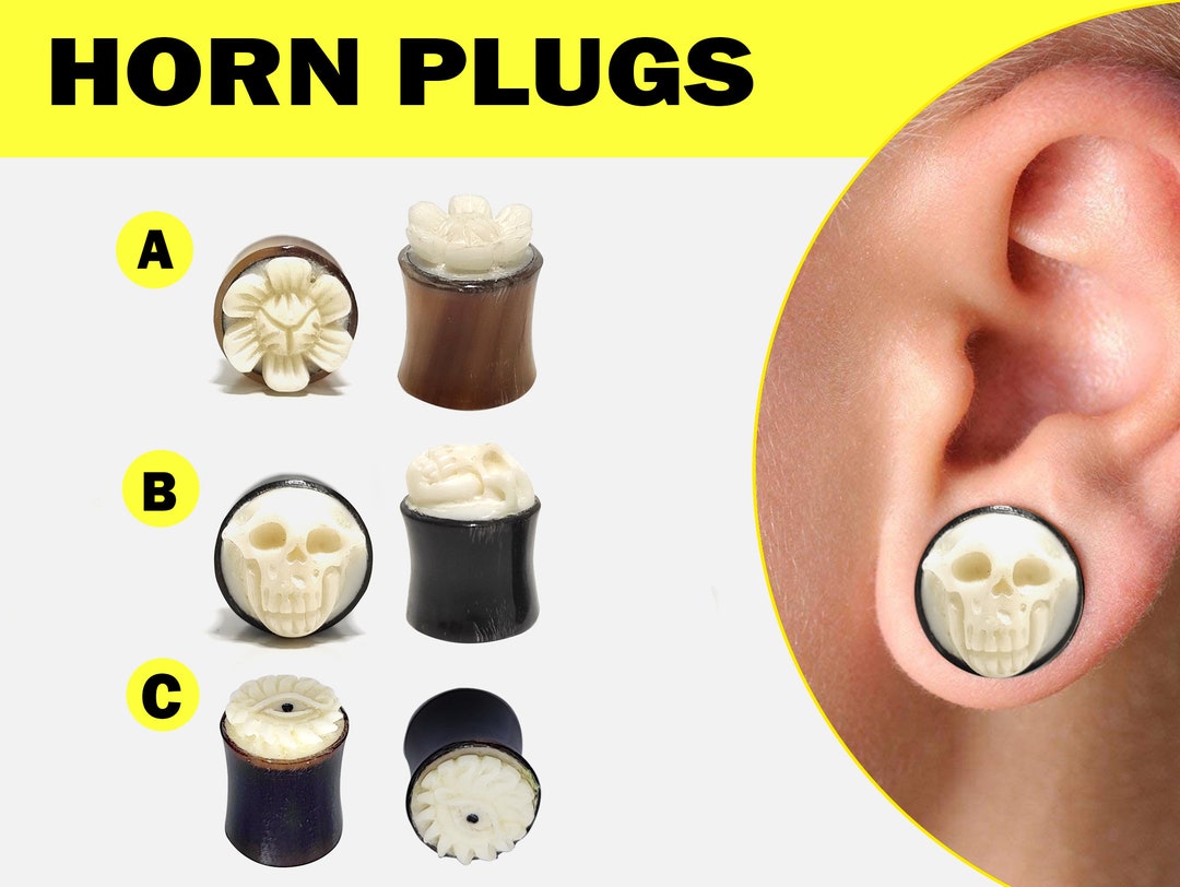 Ear Stretching Kit, Buffalo Horn Plugs With Skull and Flower Design ...