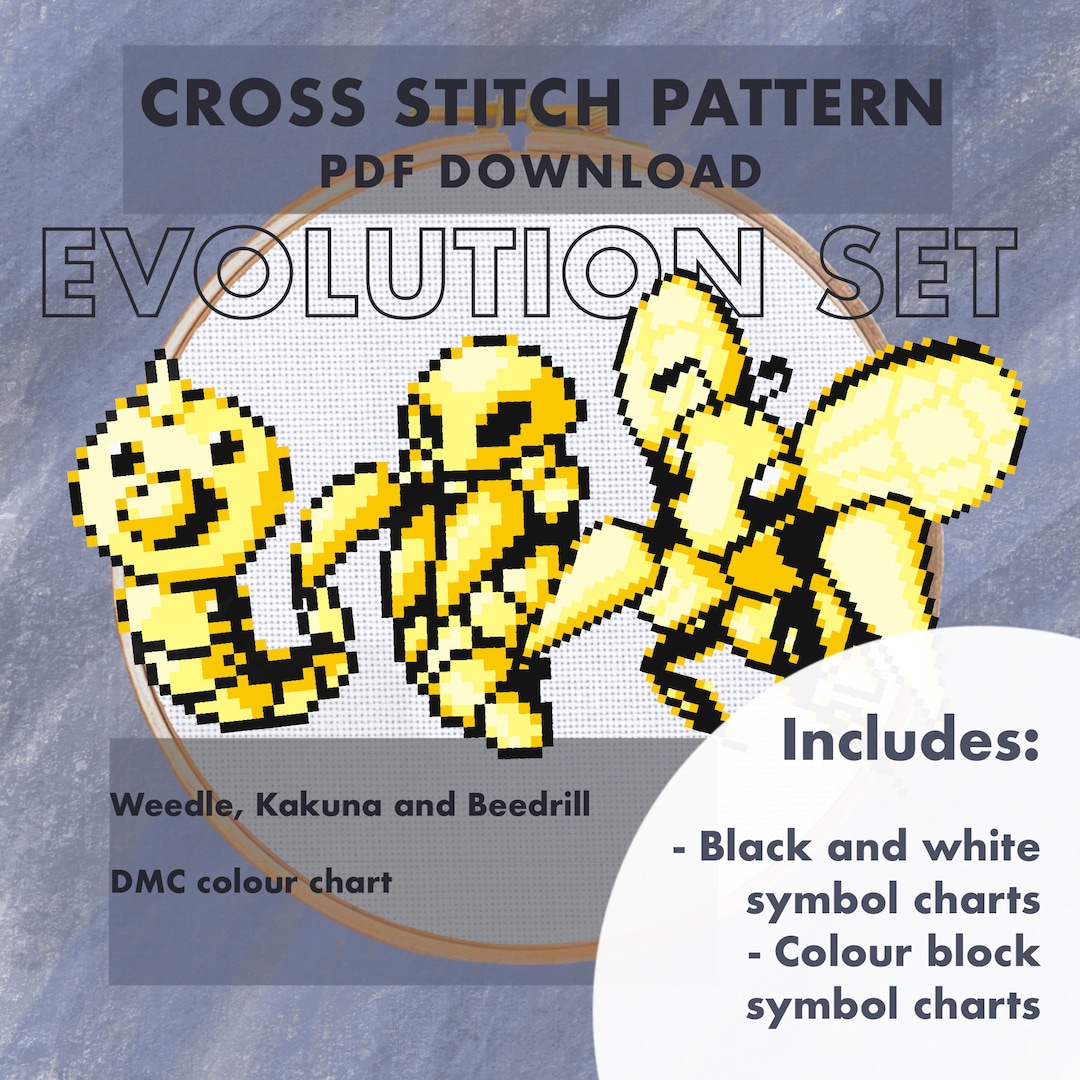 Pokémon Evolution Set, Cross Stitch Pattern, Weedle, Kakuna, Beedrill ...