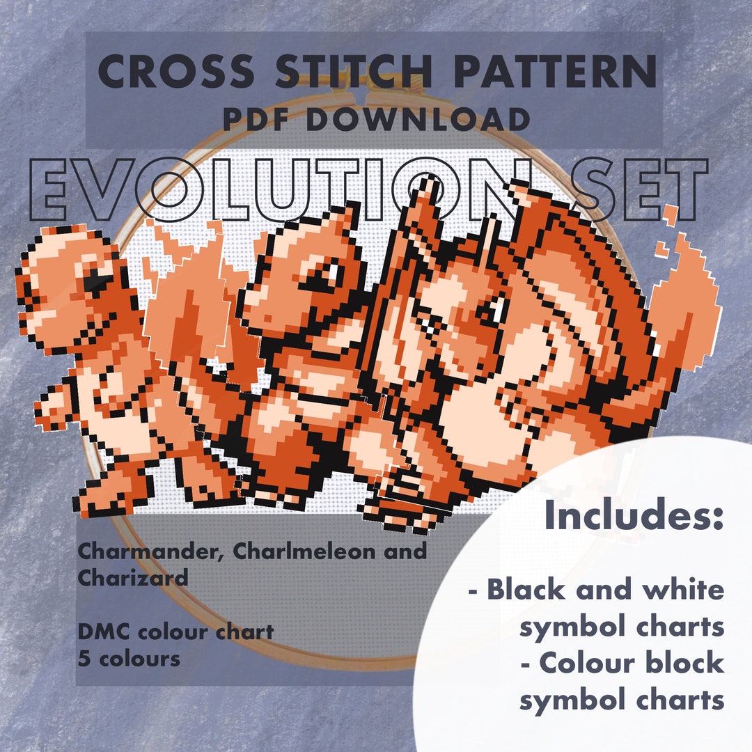 Evolution Set, 3 Cross Stitch Patterns, Charmander, Charmeleon ...