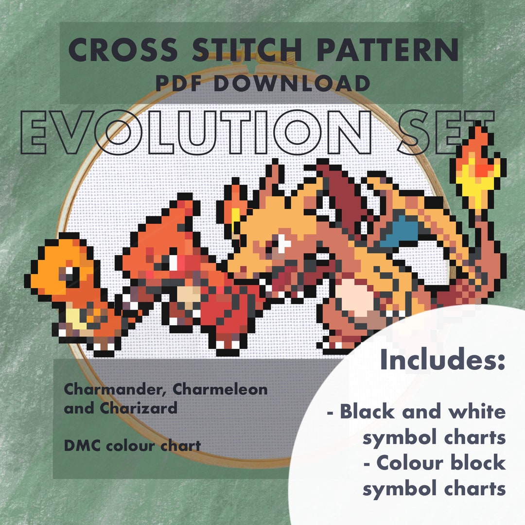Evolution Set, Charmander, Charmeleon, Charizard, Pokemon, Cross Stitch ...