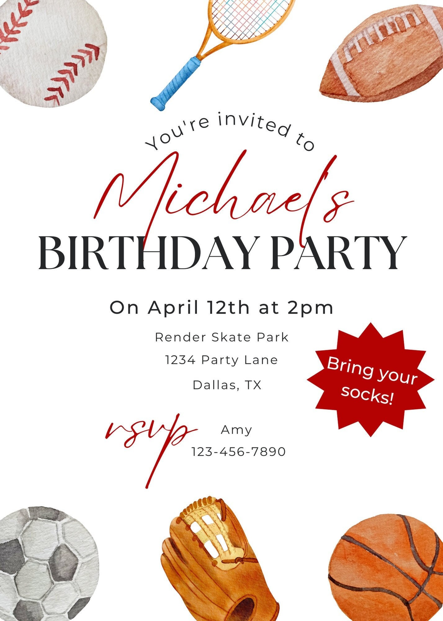 Printable Birthday Invitation Sports Invitation Editable Sports ...