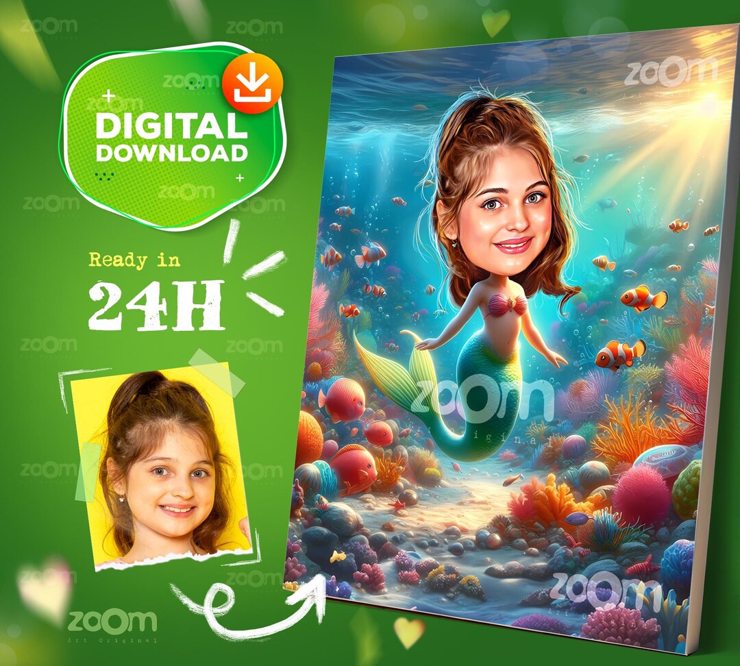 Custom Mermaid Portrait From Photo, Mermaid Cartoon Portrait, Mermaid ...