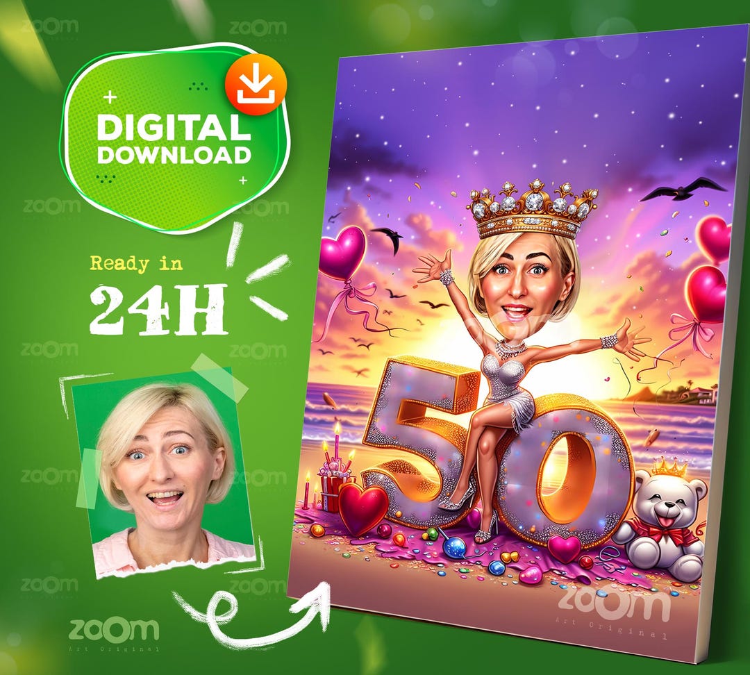 Personalised 50th Cartoon Portrait, Custom Happy Birthday Caricature ...