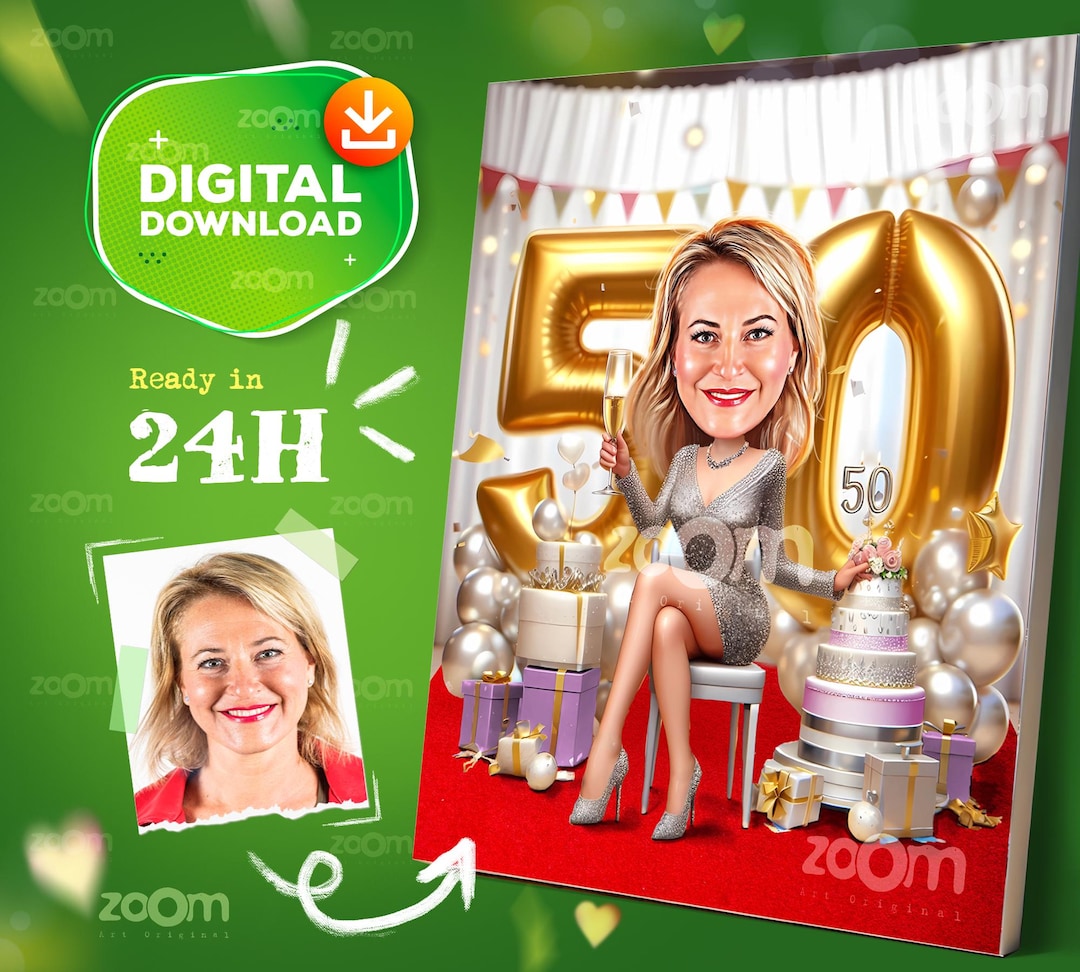 Customized 50th Birthday Caricature From Photos, Happy Birthday Cartoon ...