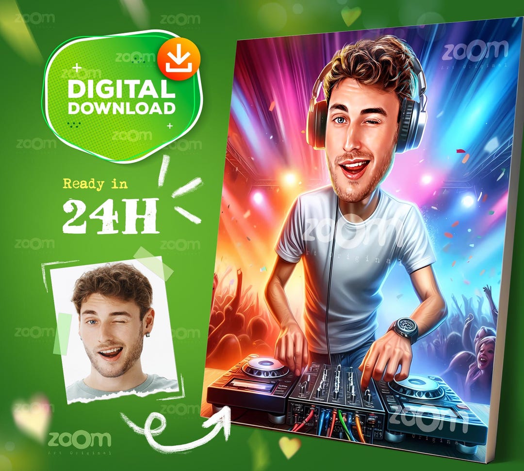Custom DJ Cartoon Portrait, DJ Caricature, Gift for Dj, Funny Dj ...