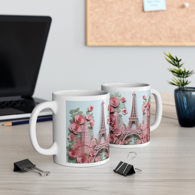 Paris Eiffel Tower Mug, Pink Roses Coffee Cup, Romantic Parisian French ...