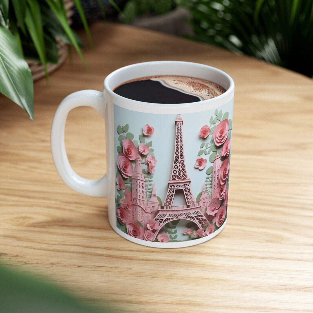 Paris Eiffel Tower Mug, Pink Roses Coffee Cup, Romantic Parisian French ...
