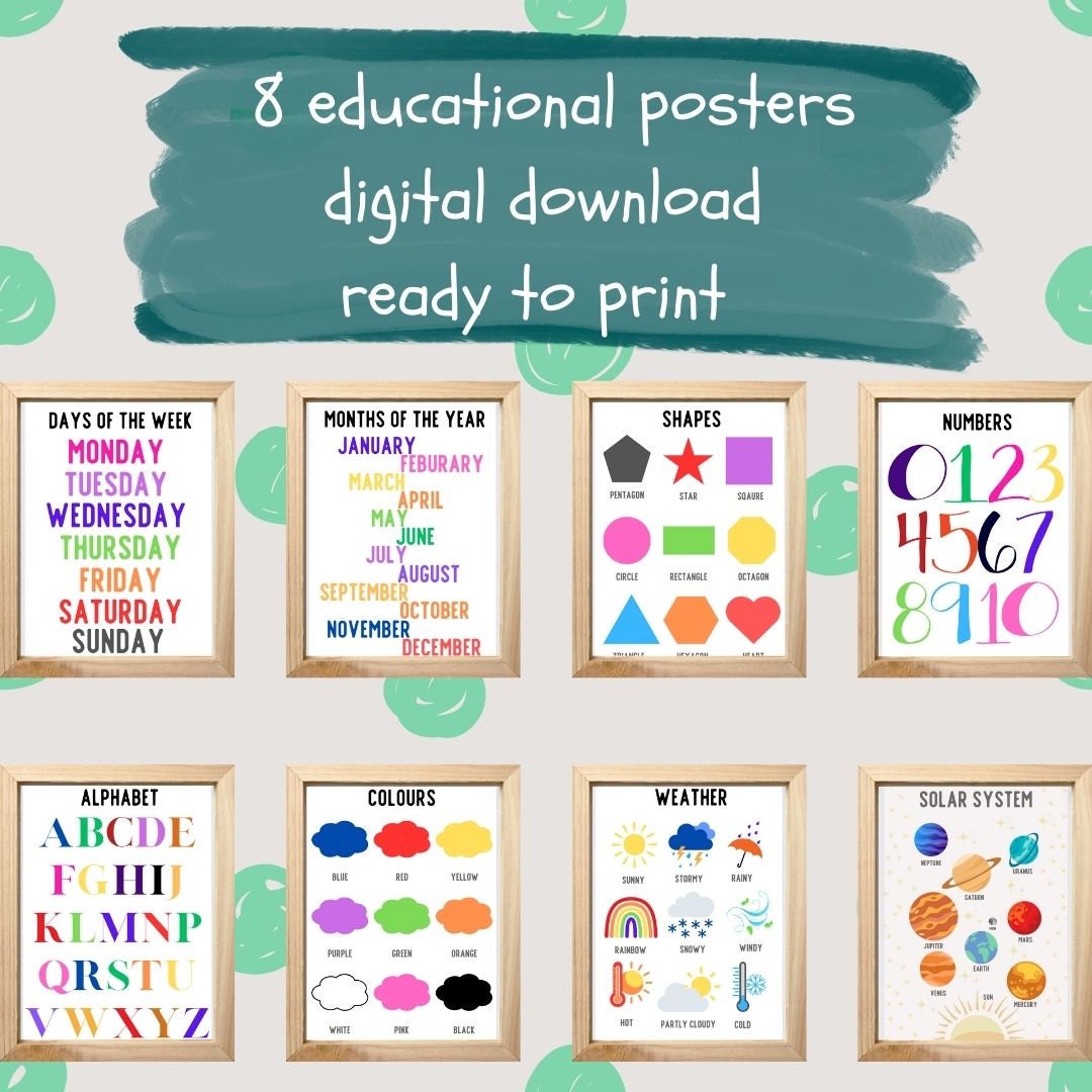 8 Educational Posters Prints - for Nursery, Classroom, Bedrooms, Home ...