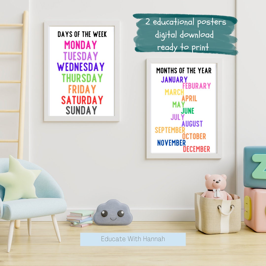 Days and Months Educational Posters Prints - for Nursery, Classroom ...