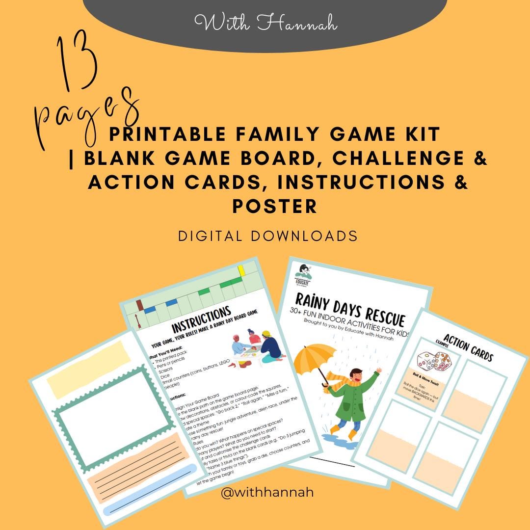 Printable Family Game Kit, Blank Game Board, Challenge & Action Cards ...