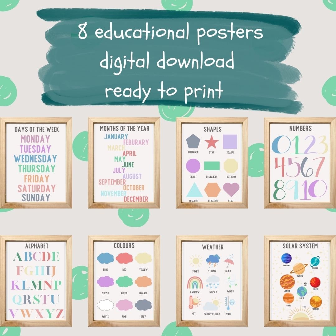 8 Educational Posters Prints - for Nursery, Classroom, Bedrooms, Home ...