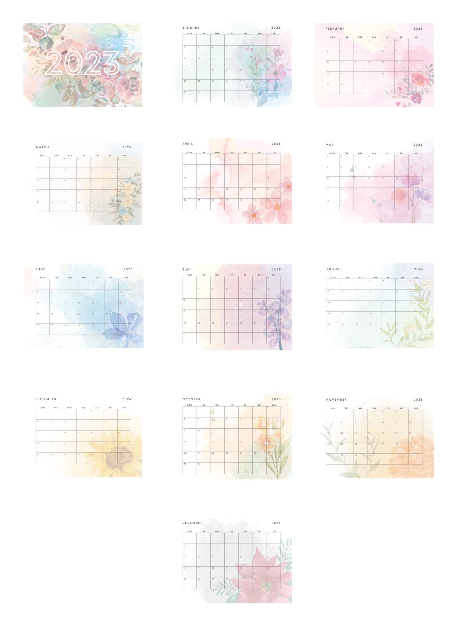 Beautiful Watercolor Printable 2023 Flower Calendar - Etsy