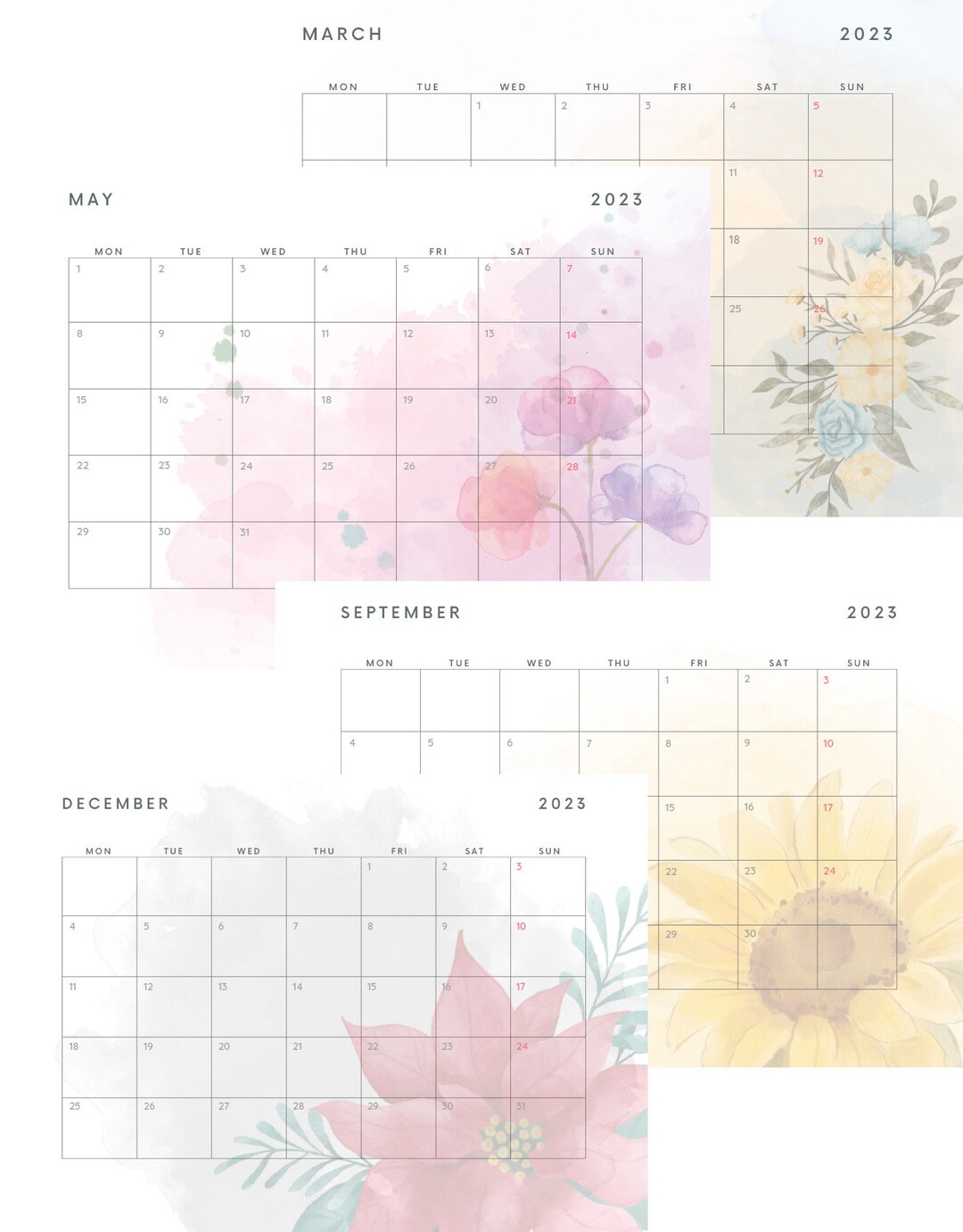 Beautiful Watercolor Printable 2023 Flower Calendar - Etsy