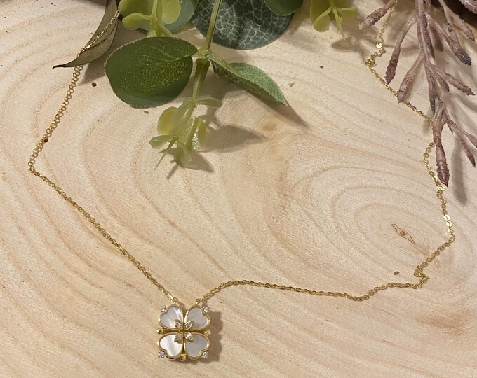 Heart Shaped Mother of Pearl Necklace, 4 Leaf Clover Pendant, Magnetic ...