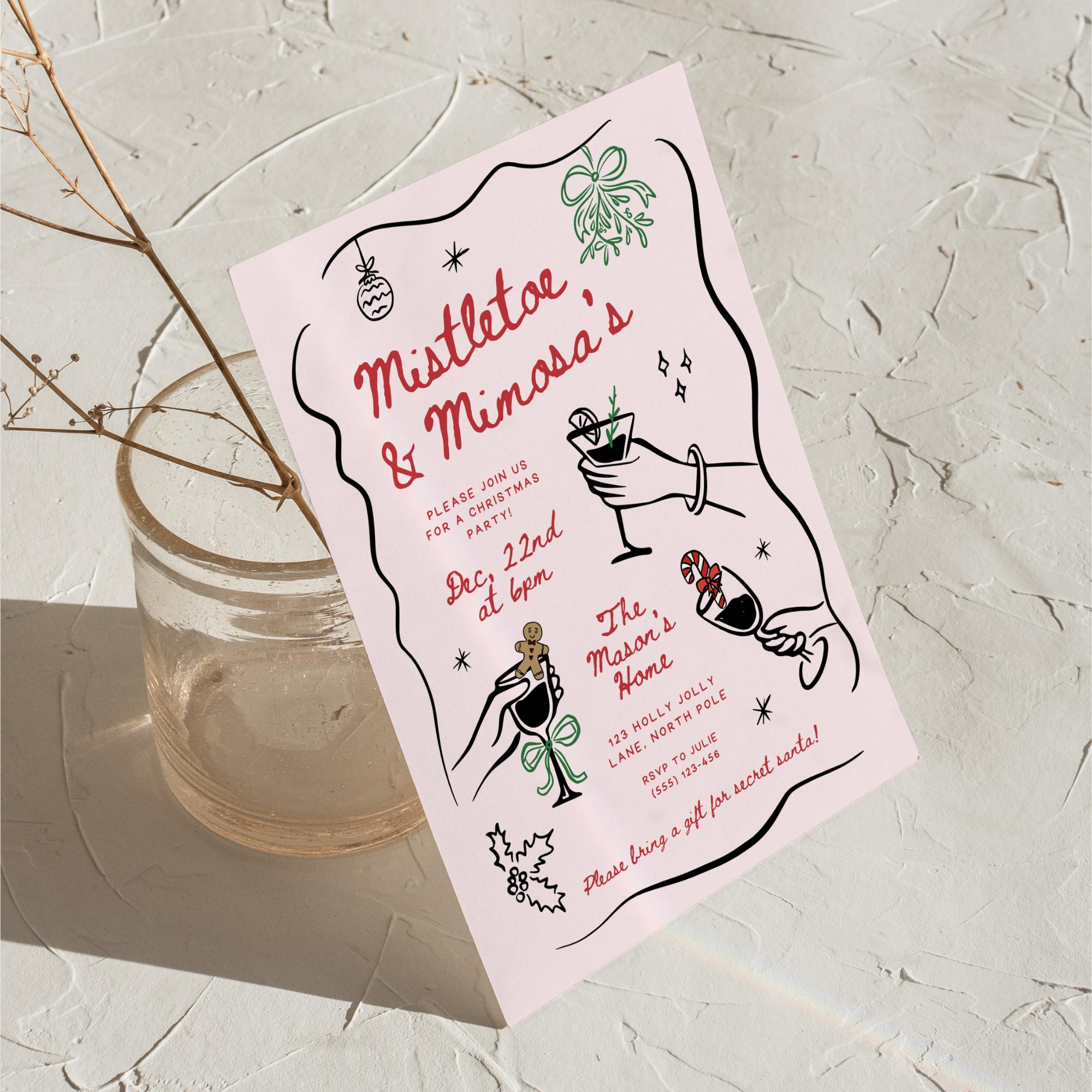 Pink Mistletoe & Mimosa's Invite Template, Hand Drawn Friendsmas ...