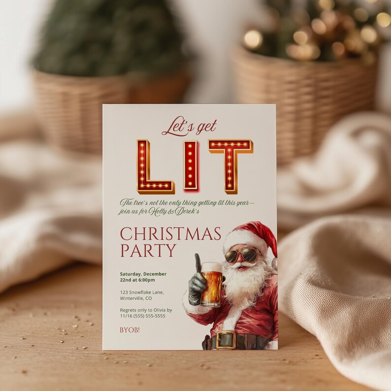 Let's Get Lit Friendsmas Christmas Party Invitation, Funny Christmas ...