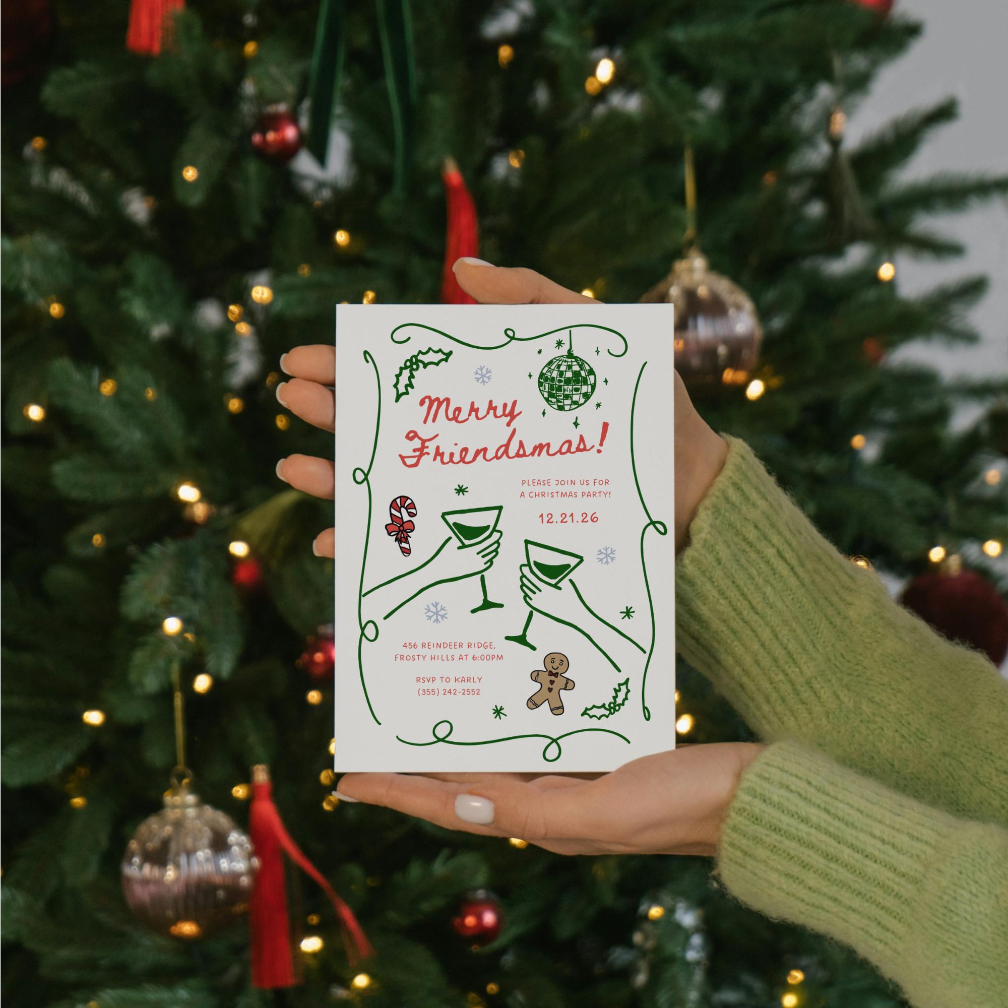 Merry Friendsmas Invitation Template, Whimsical Hand Drawn Christmas ...