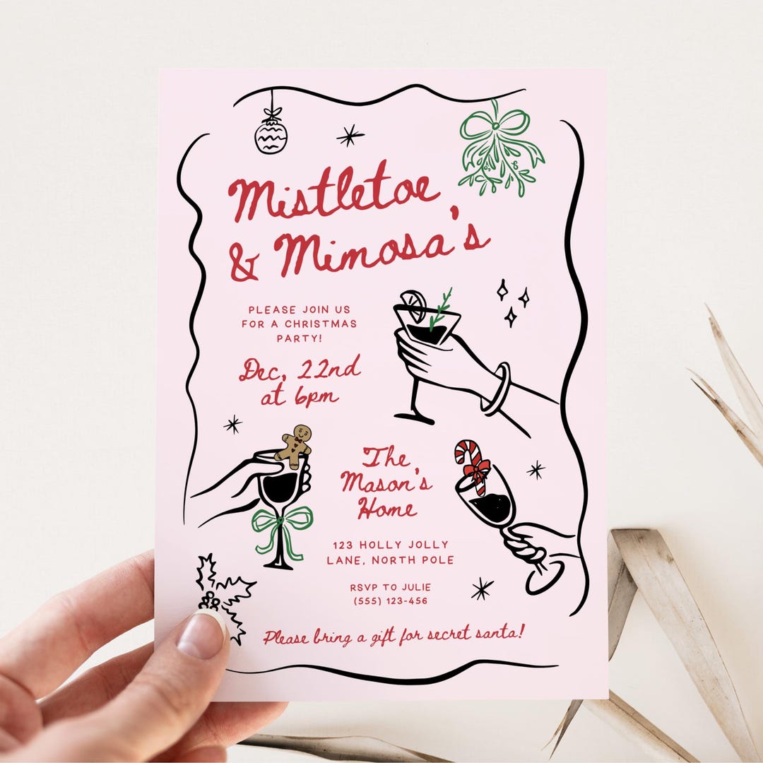 Pink Mistletoe & Mimosa's Invite Template, Hand Drawn Friendsmas ...