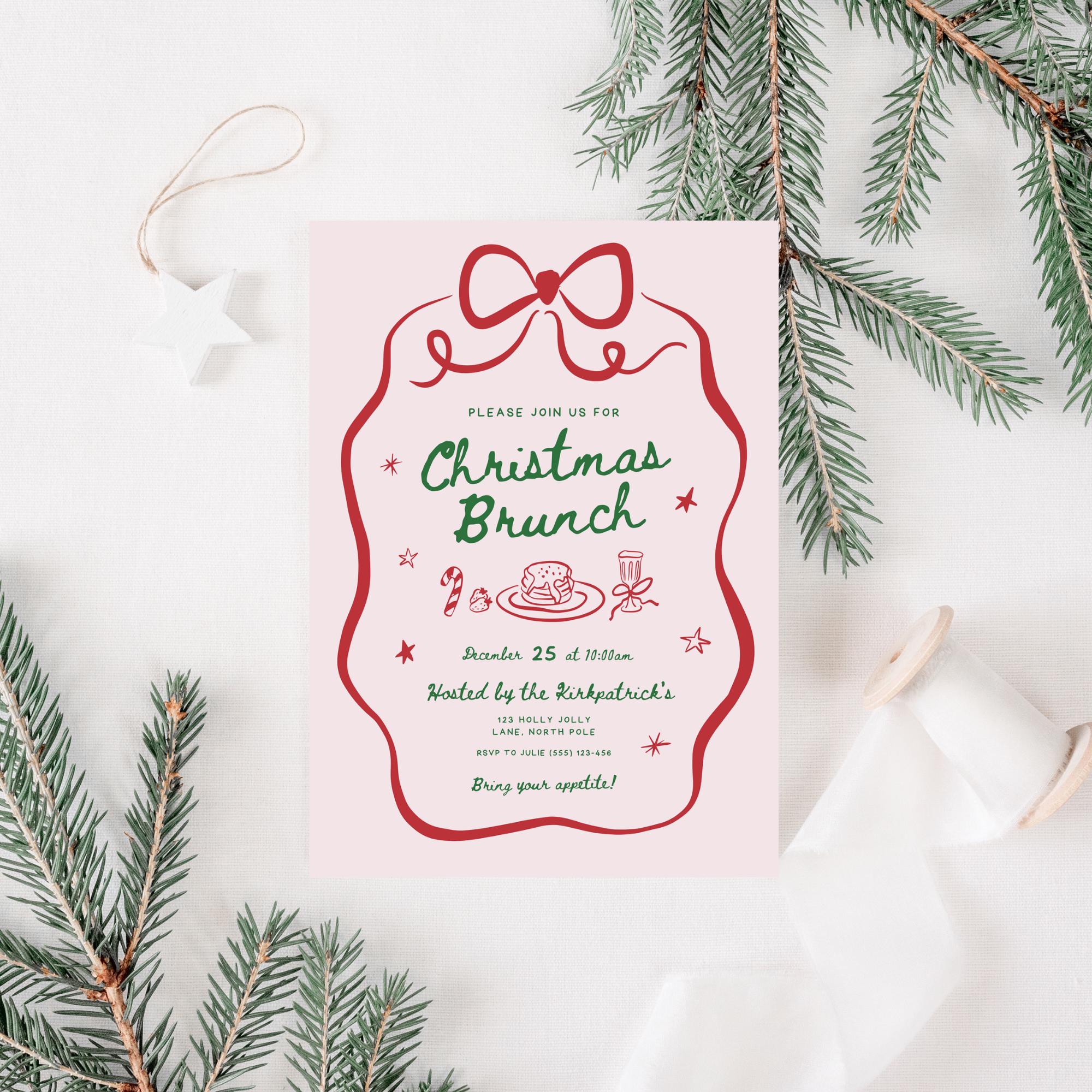 Pink Christmas Brunch Invitation Template, Hand Drawn Brunch Invite ...