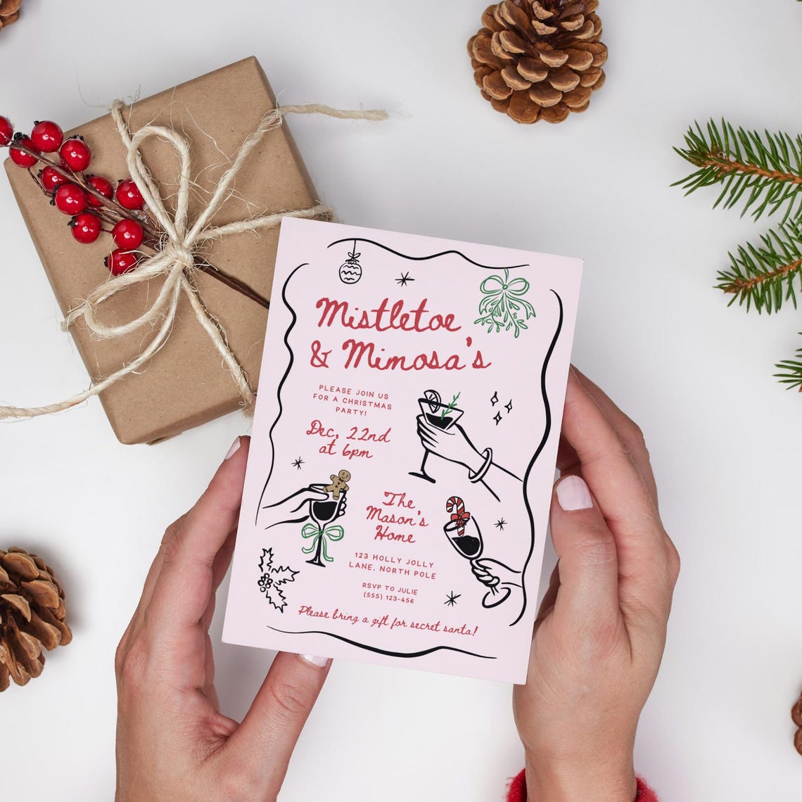 Pink Mistletoe & Mimosa's Invite Template, Hand Drawn Friendsmas ...