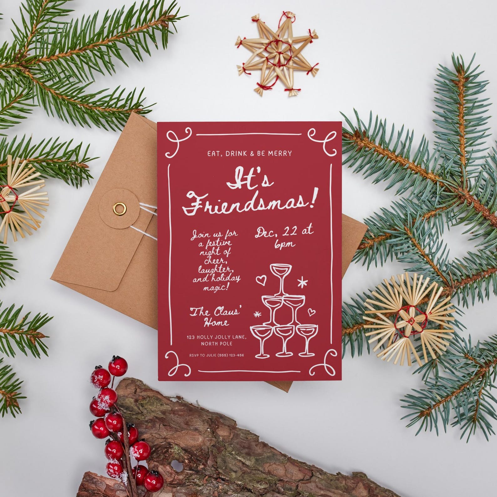 Whimsical Merry Friendsmas Invitation Template, Hand Drawn Christmas ...