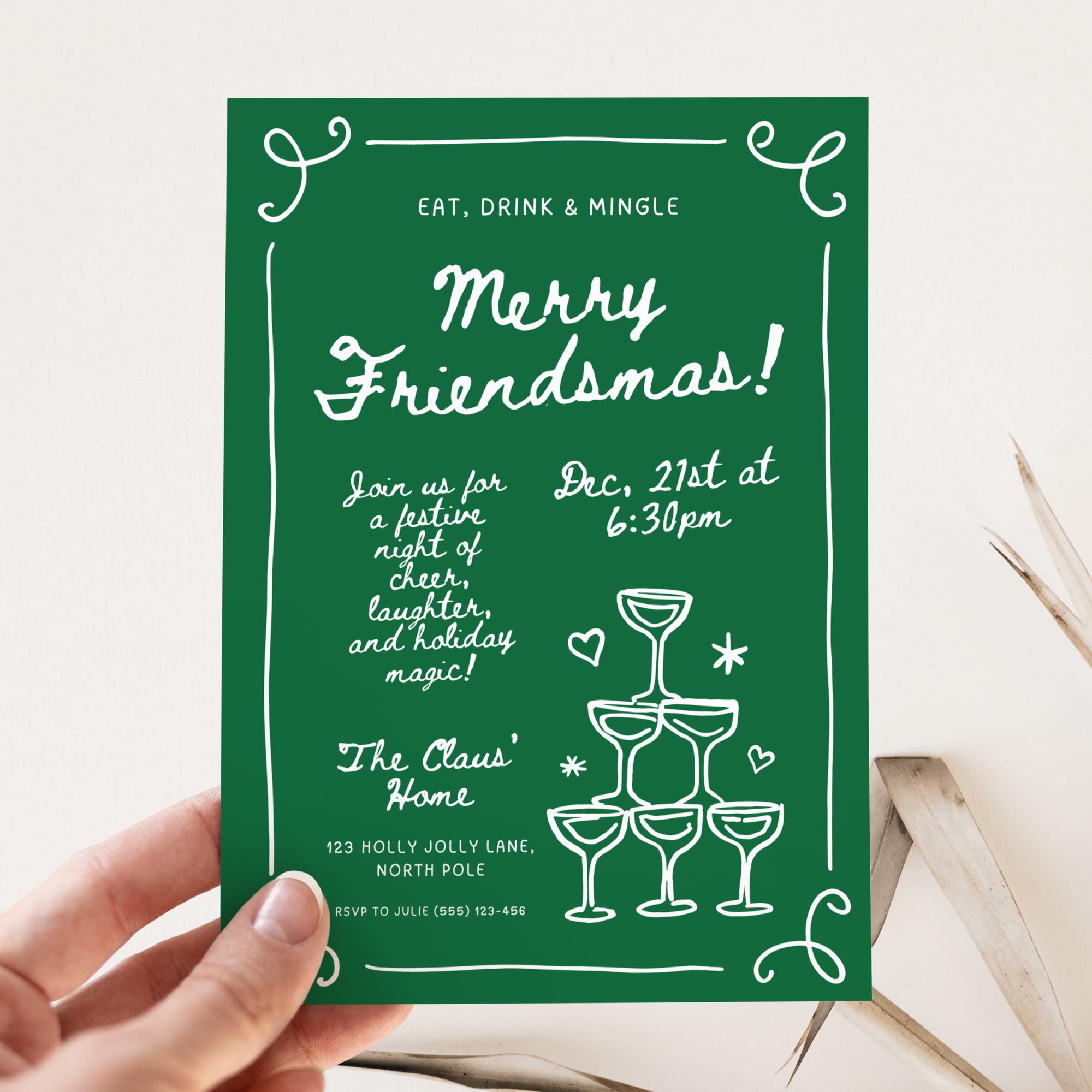 Whimsical Merry Friendsmas Invitation Template, Hand Drawn Christmas ...