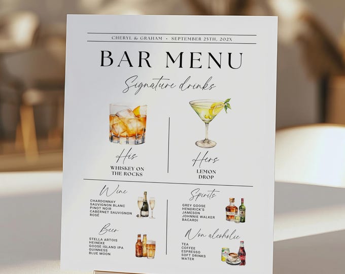 Bar Menu Template, Signature Drink Sign, Drink Menu Sign, Wedding Bar ...
