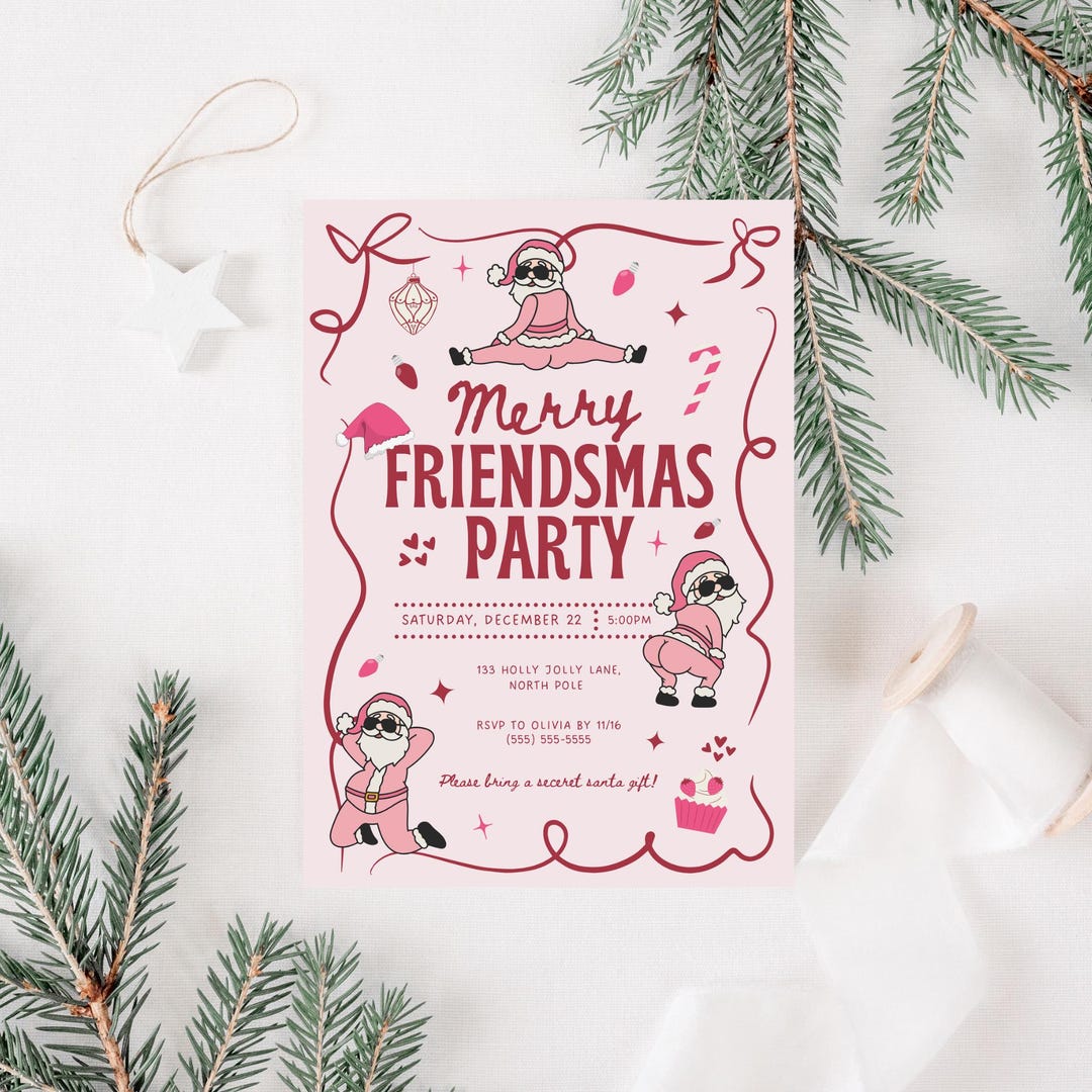 Pink Friendsmas Funny Invitation Template, Friendasmas Invite, Girls ...