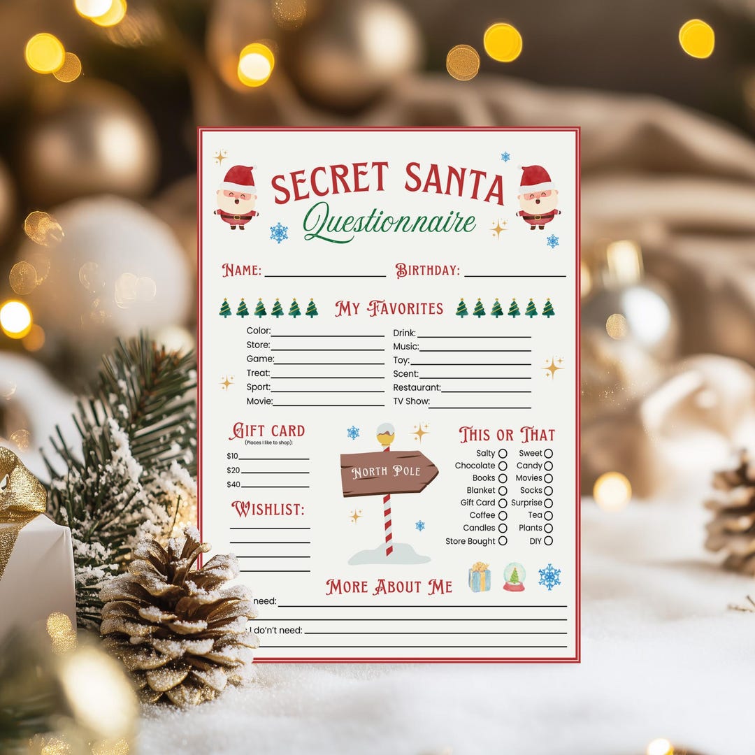 Secret Santa Questionnaire Printable, Secret Santa List, Editable ...