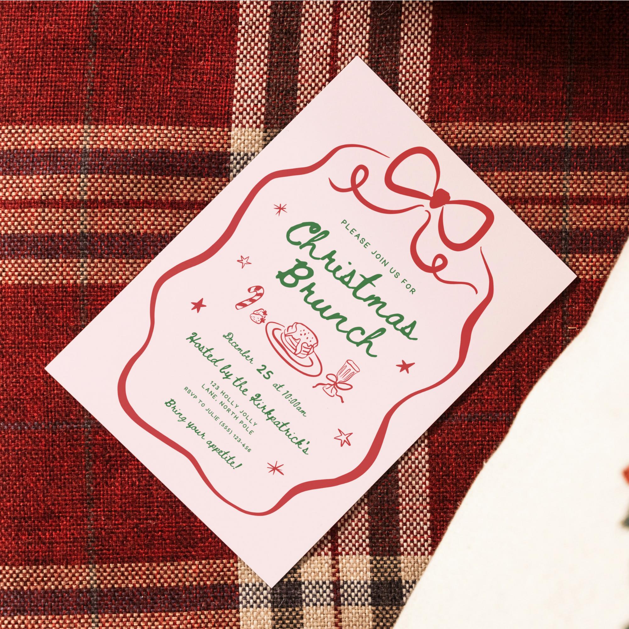Pink Christmas Brunch Invitation Template, Hand Drawn Brunch Invite ...