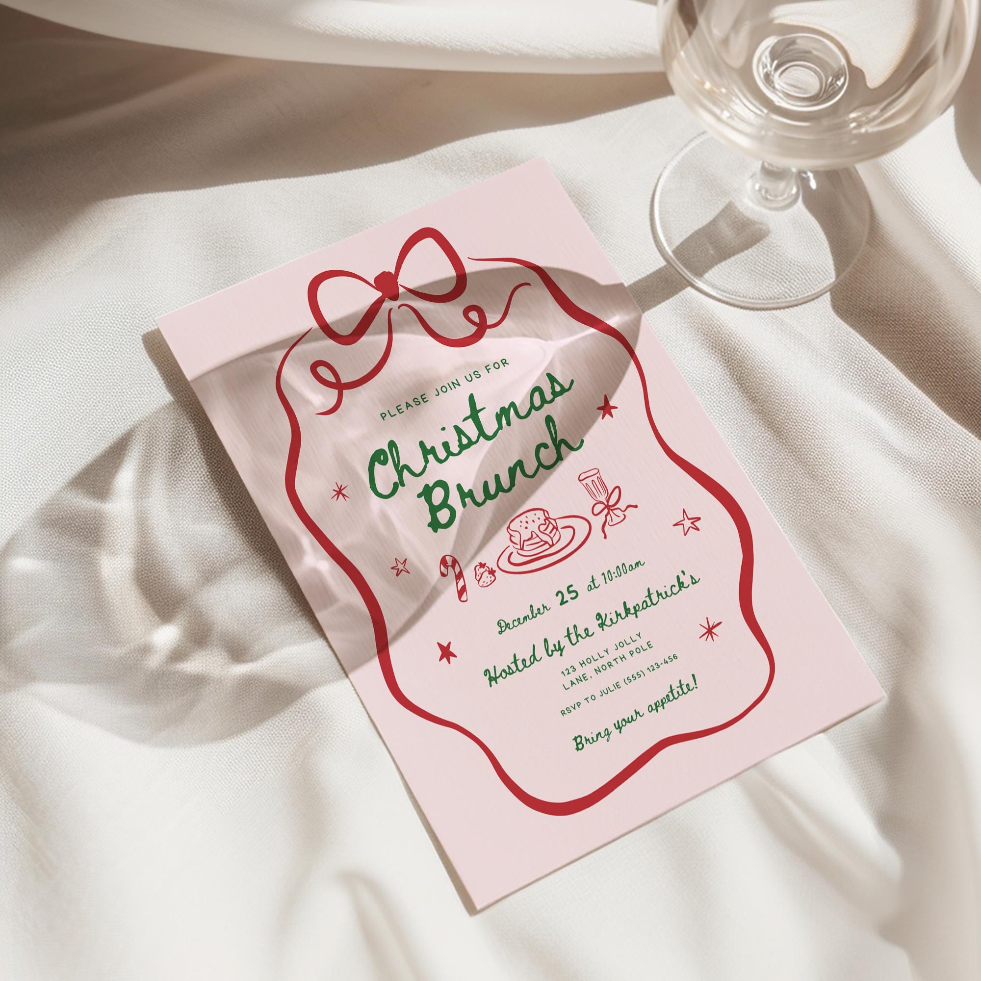 Pink Christmas Brunch Invitation Template, Hand Drawn Brunch Invite ...