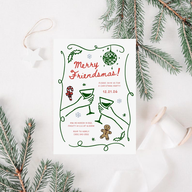 Merry Friendsmas Invitation Template, Whimsical Hand Drawn Christmas ...