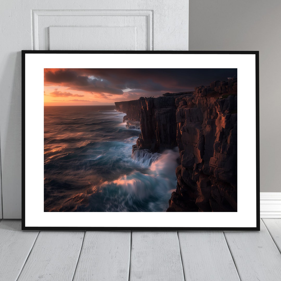 Cliffside, Stormy Seas, Sunrise, Golden Glow, Turbulent Waters, Waves ...